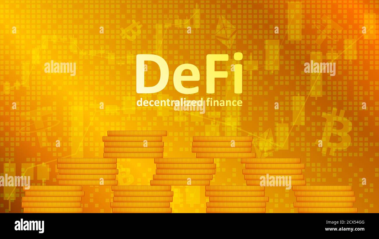Defi decentralized finance with pyramid of coins on golden background ...