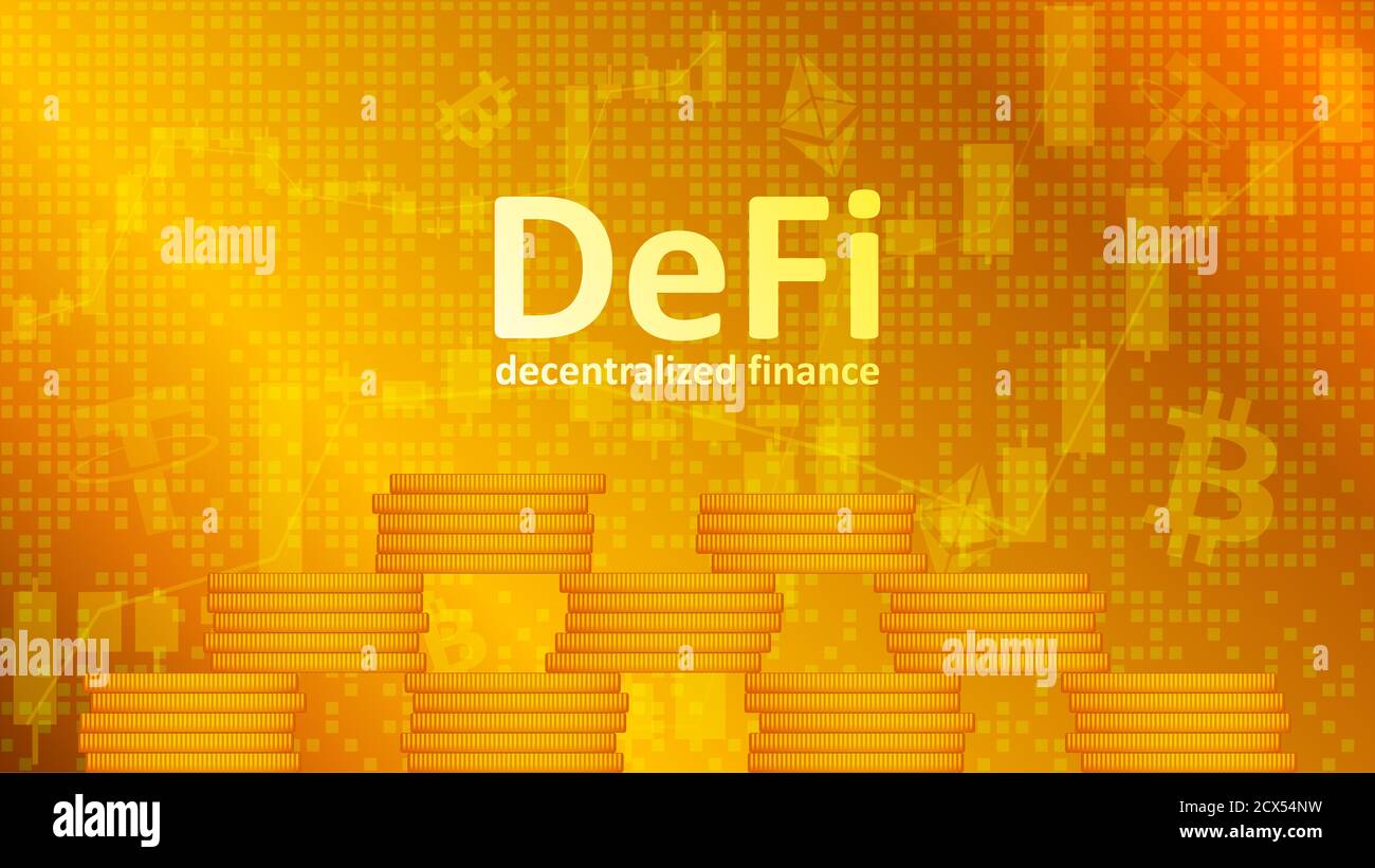 Defi decentralized finance with pyramid of coins on golden background ...