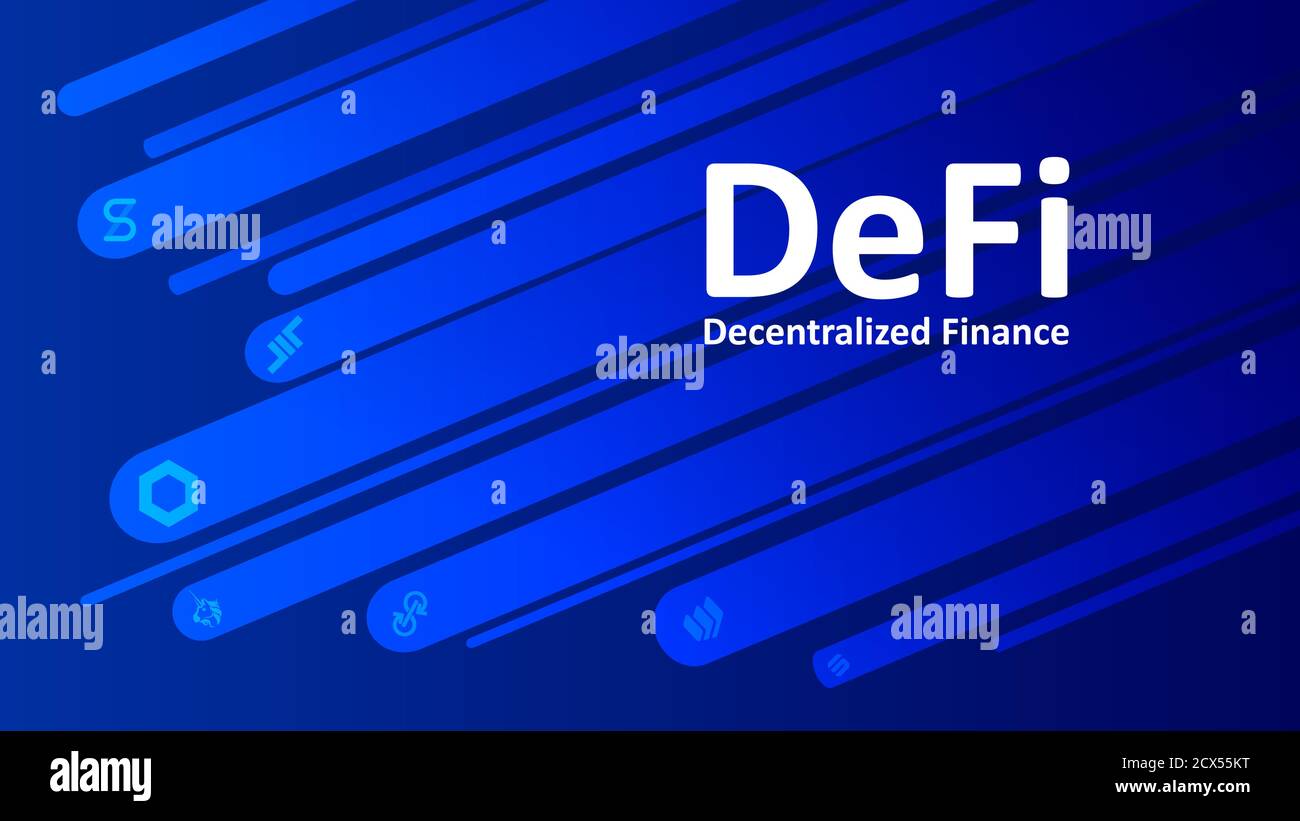 DeFi decentralized finance on blue background. Flying meteorites with ...