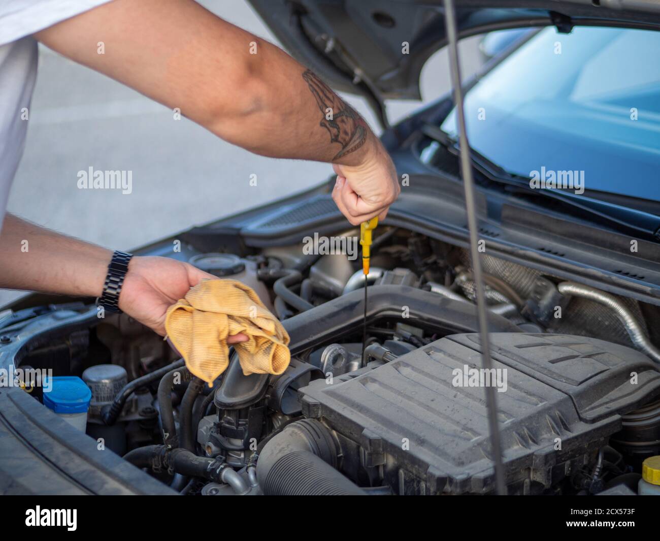 Person cleaning the hood of a car with a mop Stock Photo - Alamy