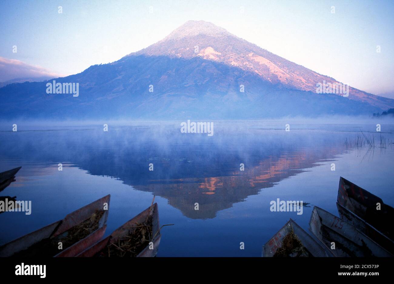 San Pedro volcano viewed from the shore at Santiago Atitlan. Reflected ...