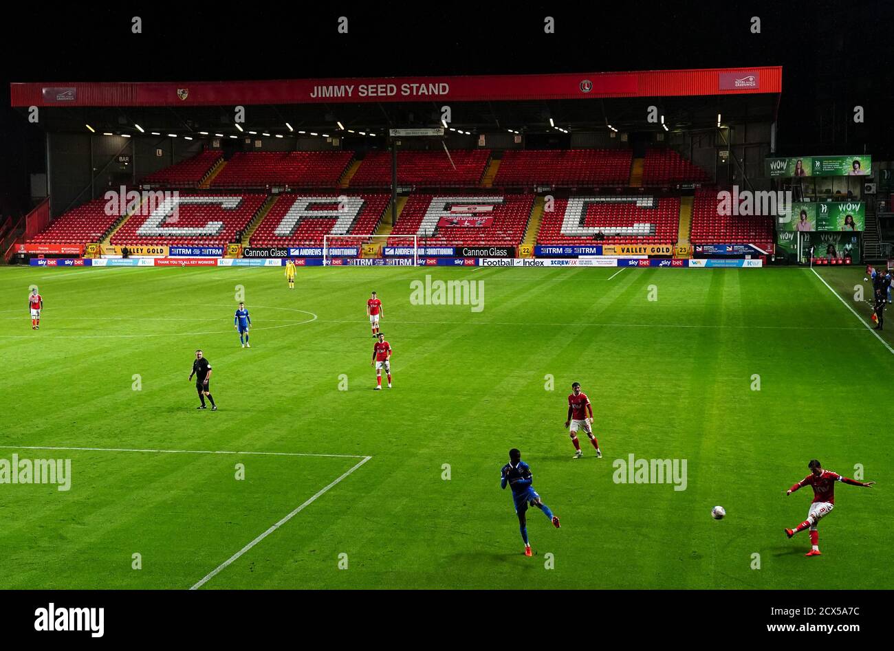 A general view of play in front of the empty Jimmy Seed stand during ...