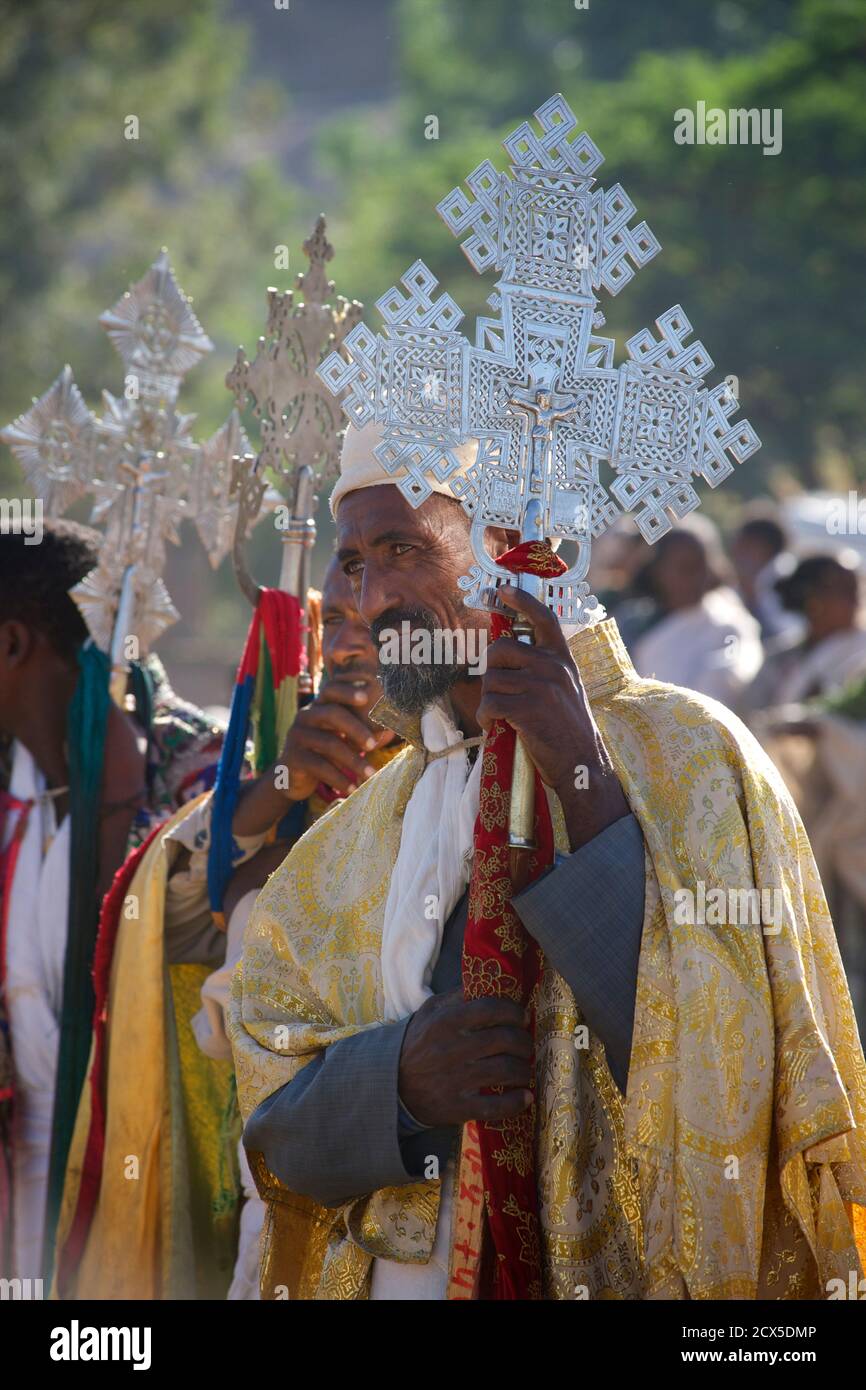 Robed priests with processional crosses, Easter, Axum, Tigray, Ethiopia ...