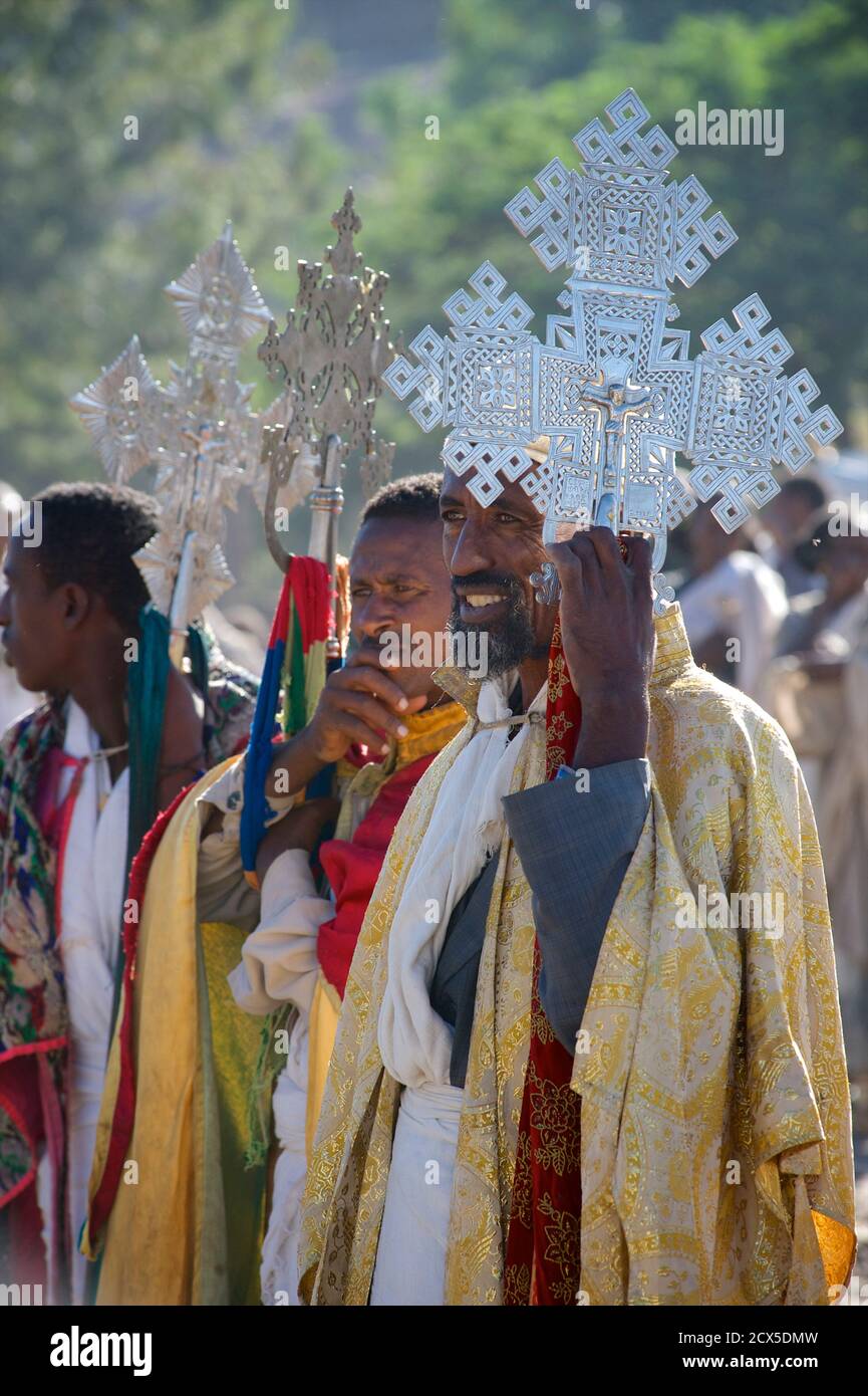 Robed priests with processional crosses, Easter, Axum, Tigray, Ethiopia ...
