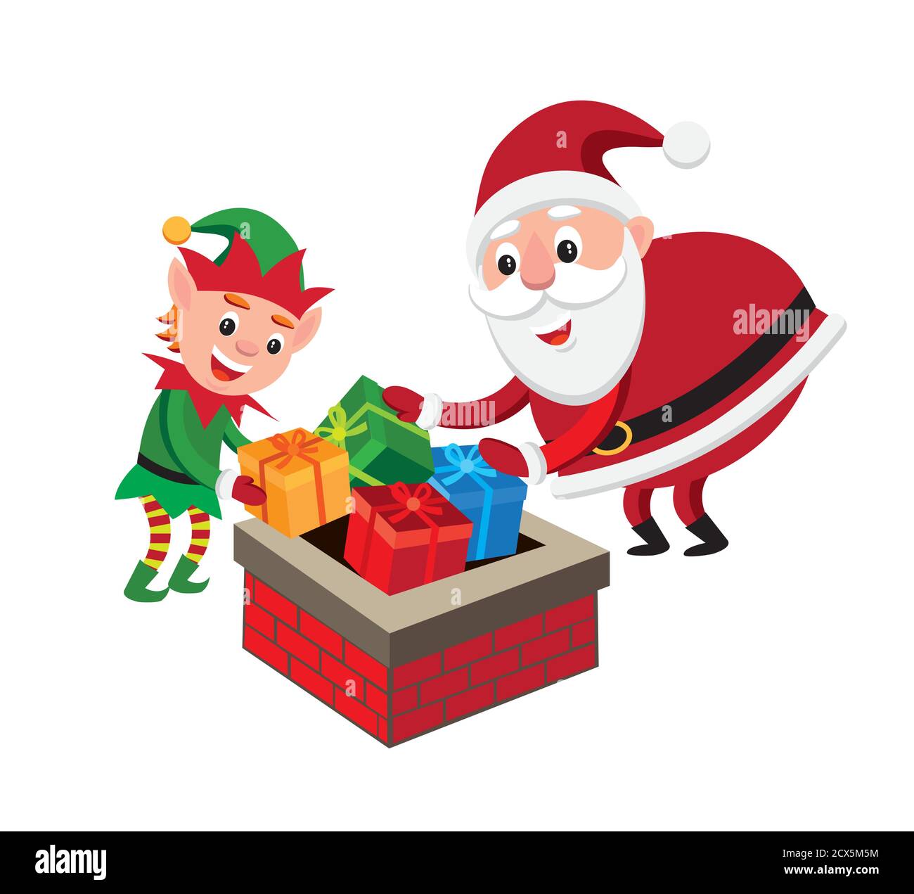 Santa Claus and elf pushing Christmas gifts down a chimney Stock Vector ...
