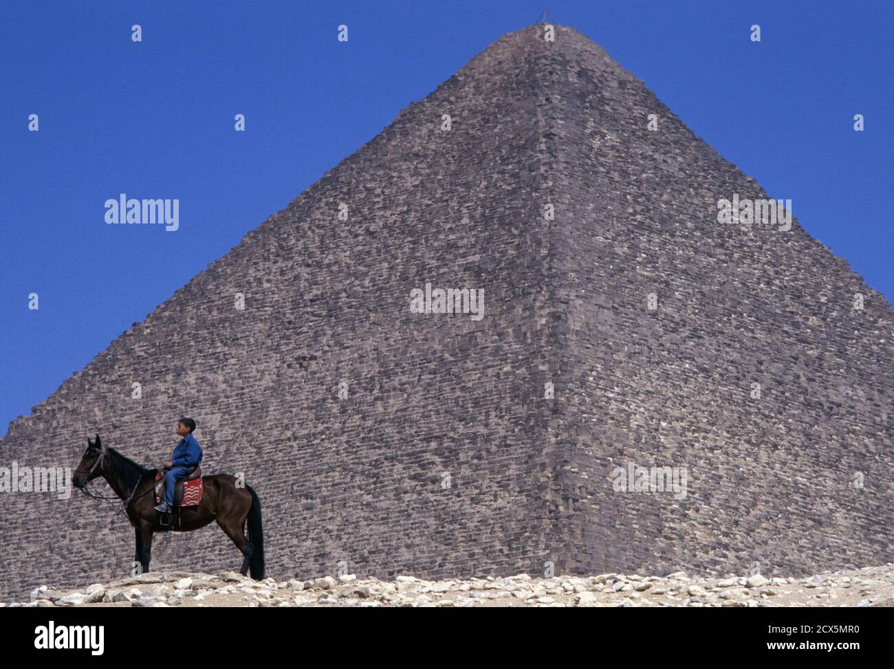Boy on a horse in front of the pyramid of Khufu. The Pyramids, Giza ...