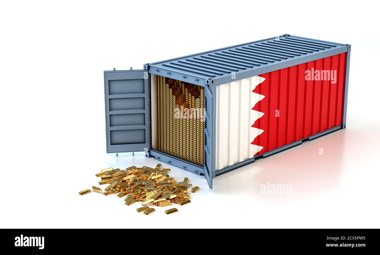 Freight Container with Bahrain flag filled with Gold bars. Some Gold ...