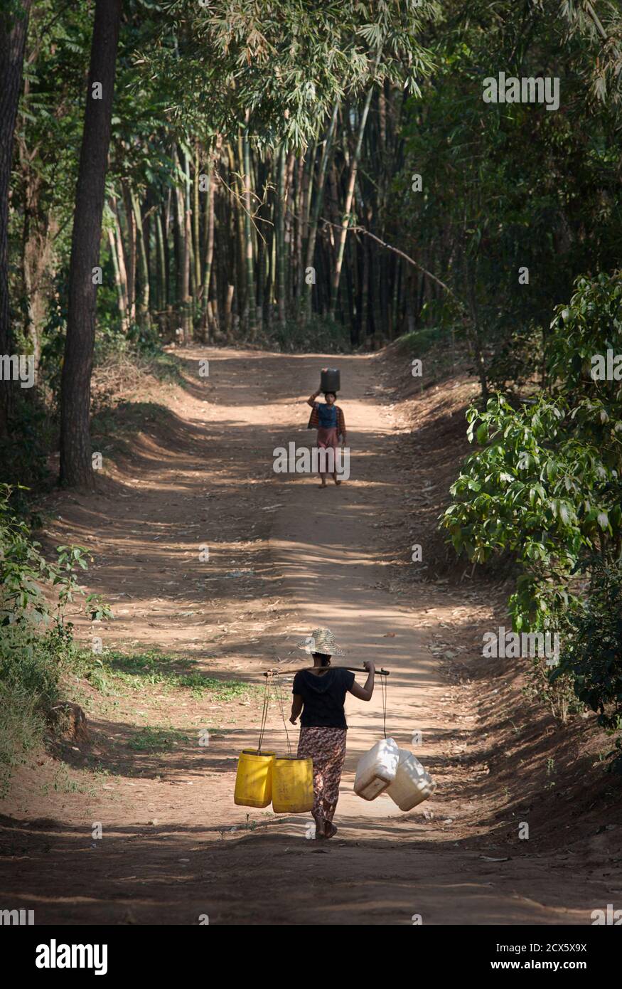 Burmese women carrying water home to their village between Mount Popa ...