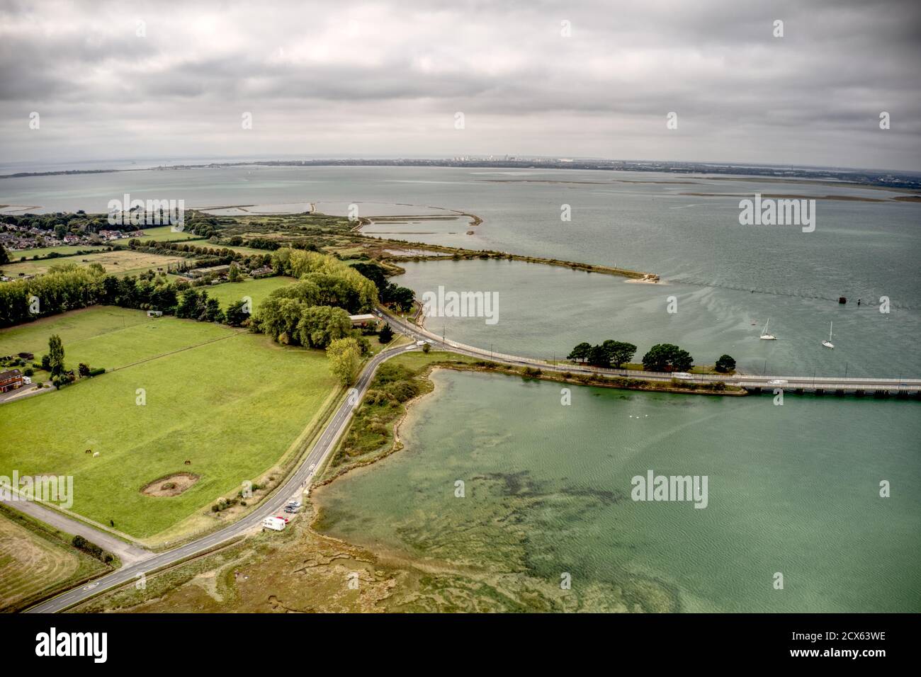 Hayling Island aerial view of the northern shore of Langstone Harbour ...
