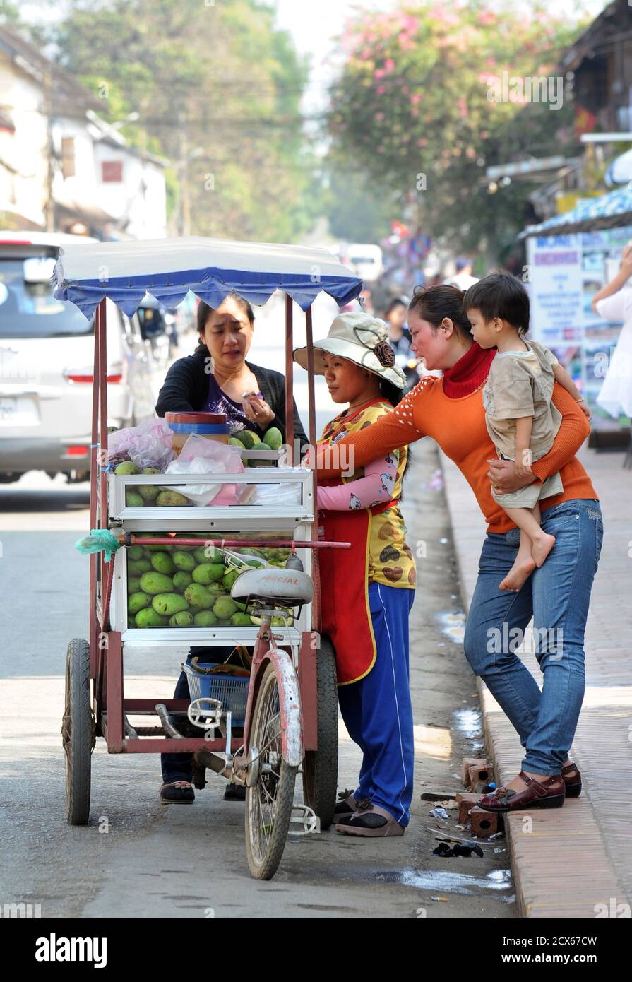 Mango fruit vendor selling in the street, Luang Prabang, Laos Stock ...