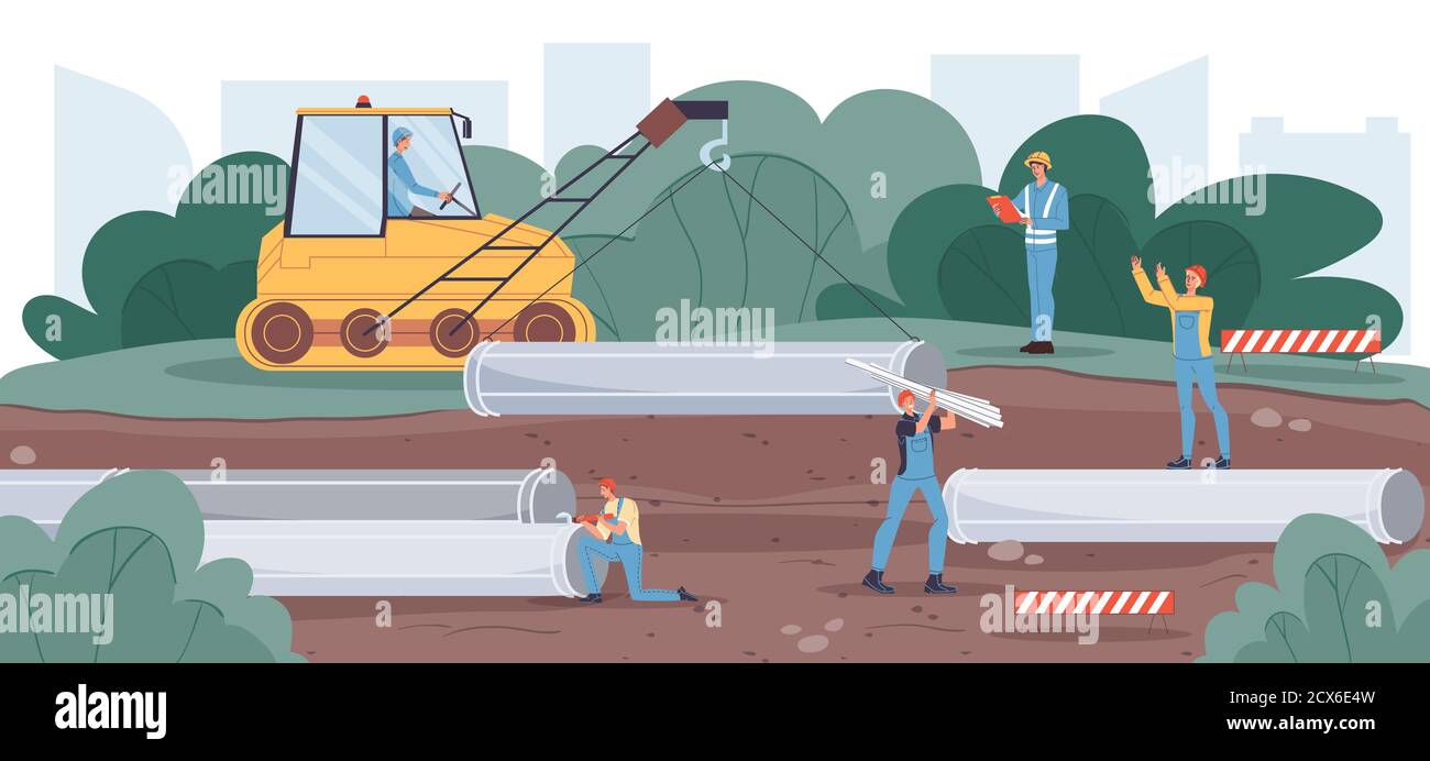 Industrial pipeline laying construction process Stock Vector Image ...