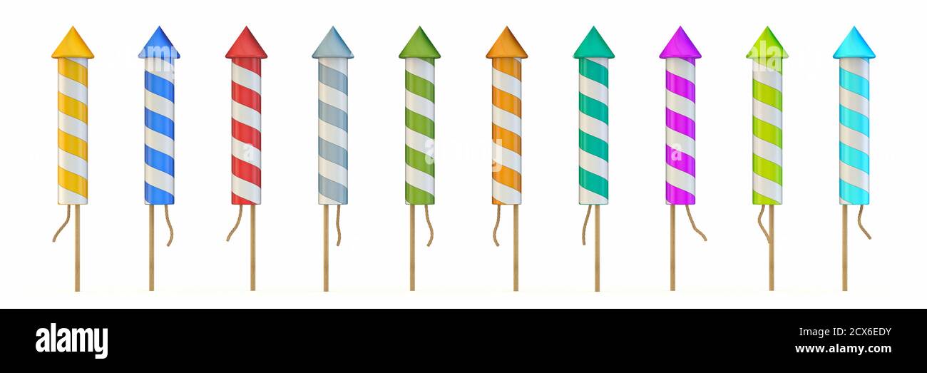 Set of multicolored rocket fireworks 3D render illustration isolated on ...