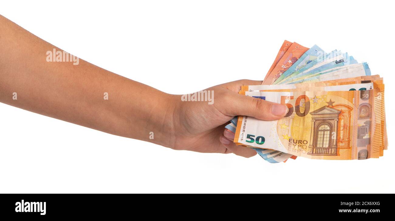 hand with different banknotes on a white background Stock Photo - Alamy
