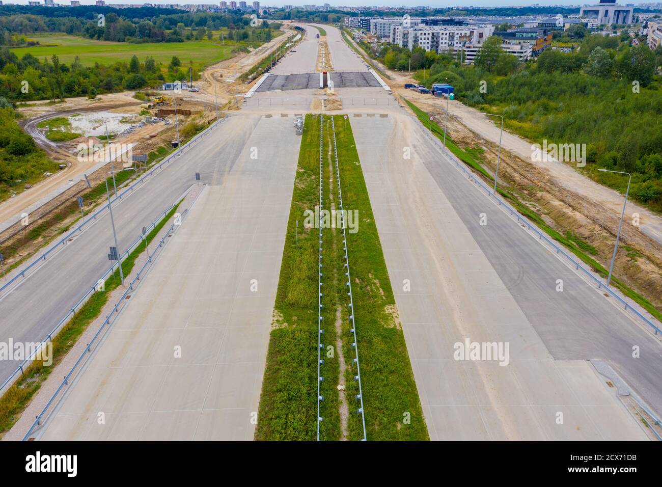 aerial top view of road construction site. building of new city highway ...