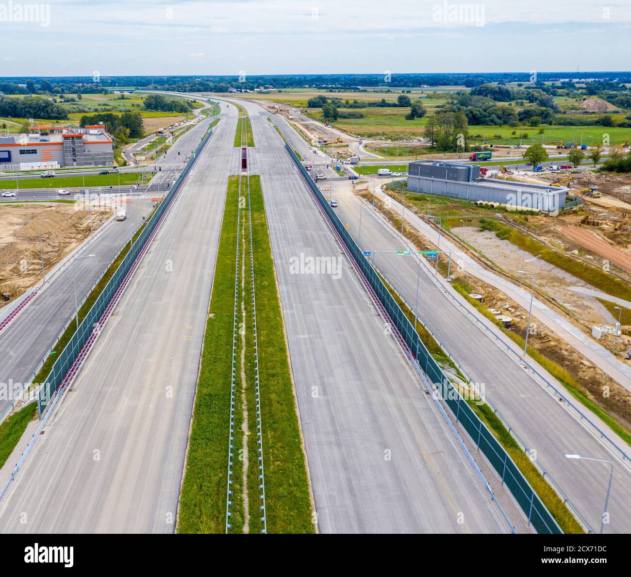 aerial top view of road construction site. building of new city highway ...