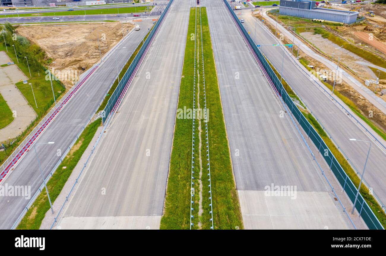 aerial top view of road construction site. building of new city highway ...