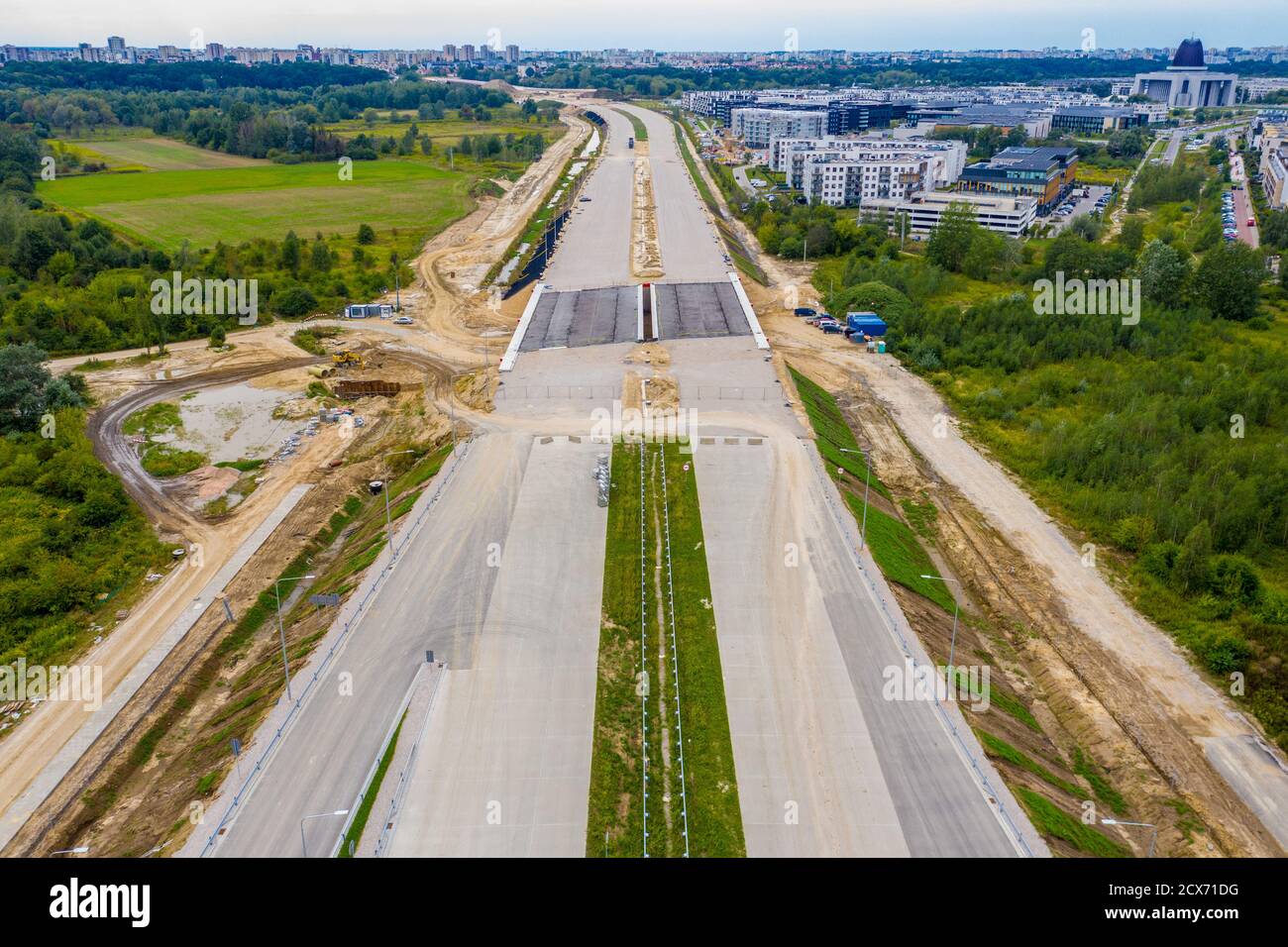 aerial top view of road construction site. building of new city highway ...