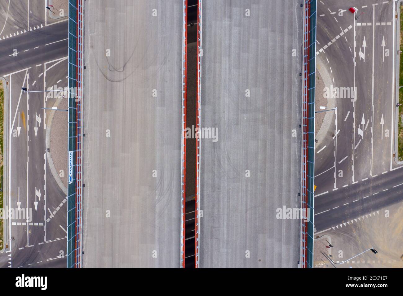 aerial top view of road construction site. building of new city highway ...