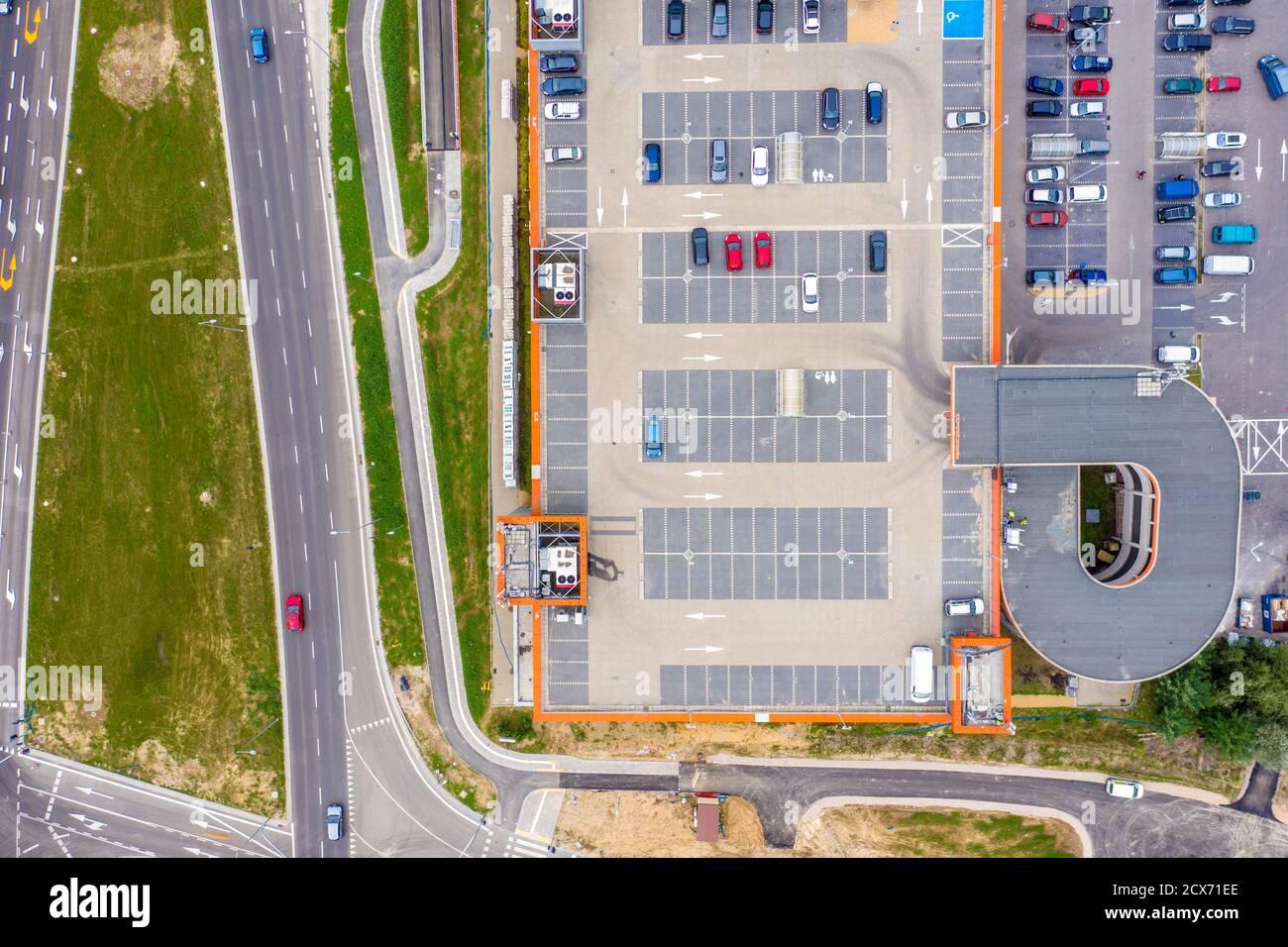 aerial top view of road construction site. building of new city highway ...
