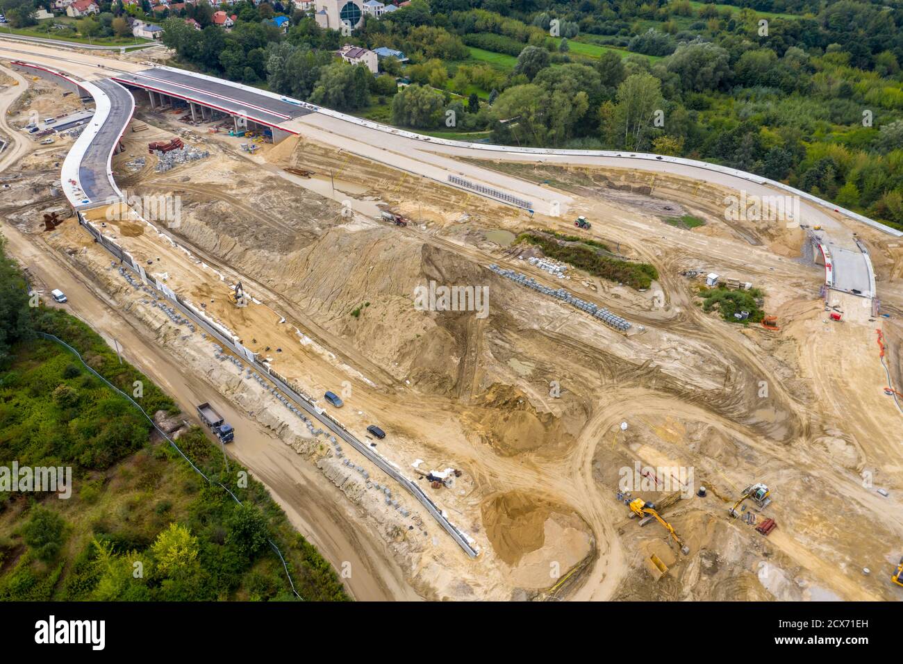 aerial top view of road construction site. building of new city highway ...