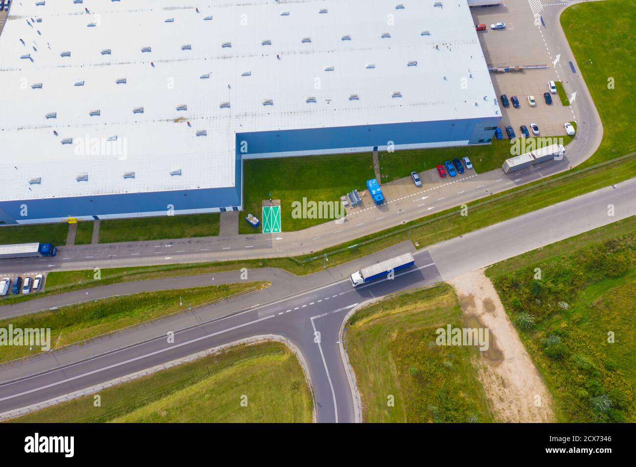 Aerial view of goods warehouse. Logistics center in industrial city ...
