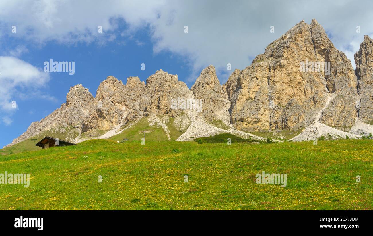 Mountain landscape at summer along the road to Gardena pass, Dolomites ...
