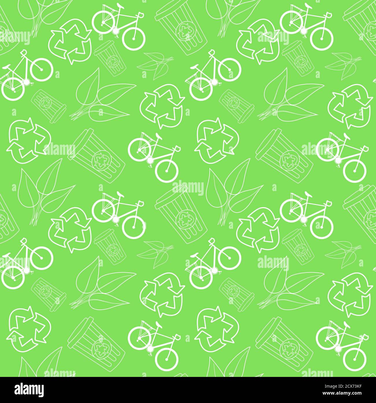 Seamless pattern of recycle sign, bicycle, waste can, leaf in green ...