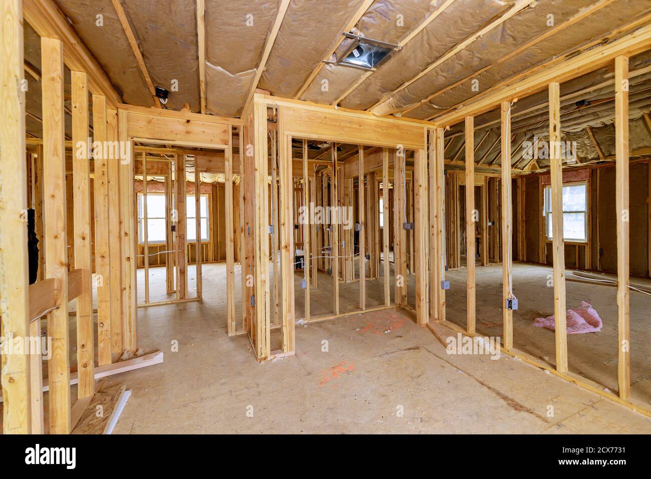 Construction home interior inside a framing on residential beam ...