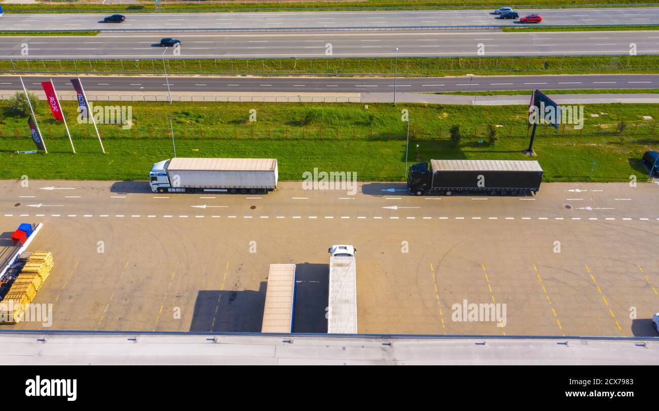 Aerial top view of the large logistics park with warehouse, loading hub ...