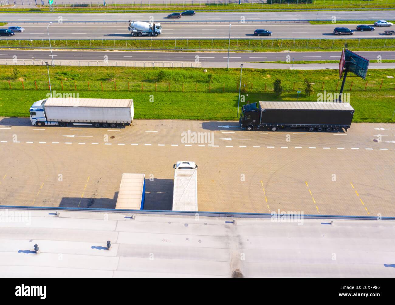 Aerial top view of the large logistics park with warehouse, loading hub ...