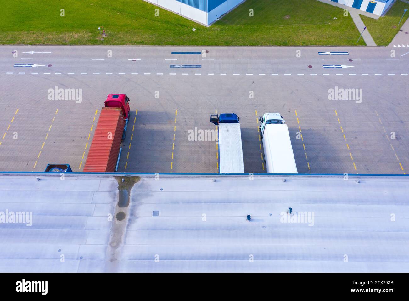 Aerial top view of the large logistics park with warehouse, loading hub ...
