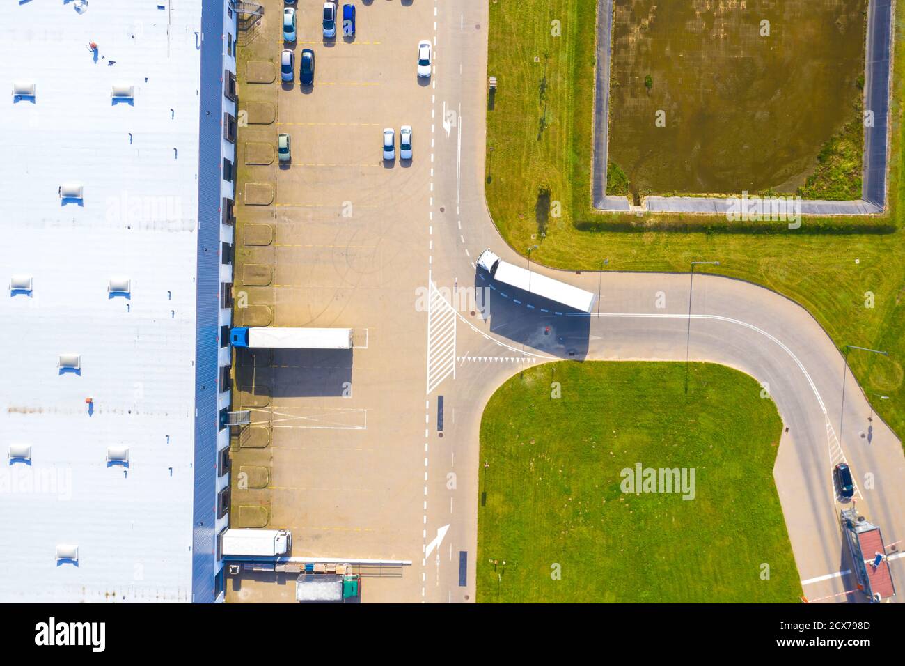 Aerial top view of the large logistics park with warehouse, loading hub ...