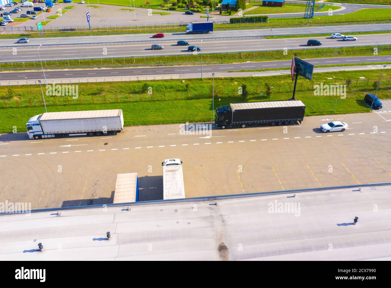 Aerial top view of the large logistics park with warehouse, loading hub ...