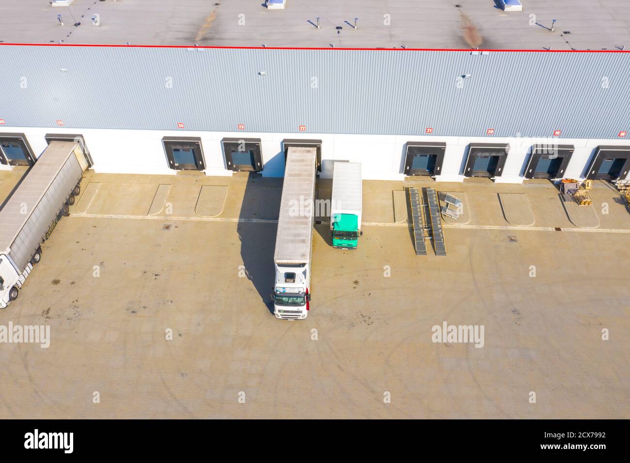 Aerial top view of the large logistics park with warehouse, loading hub ...