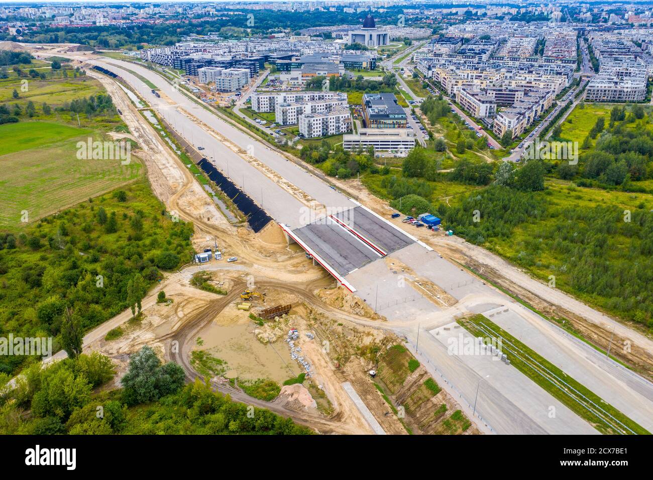 aerial top view of road construction site. building of new city highway ...