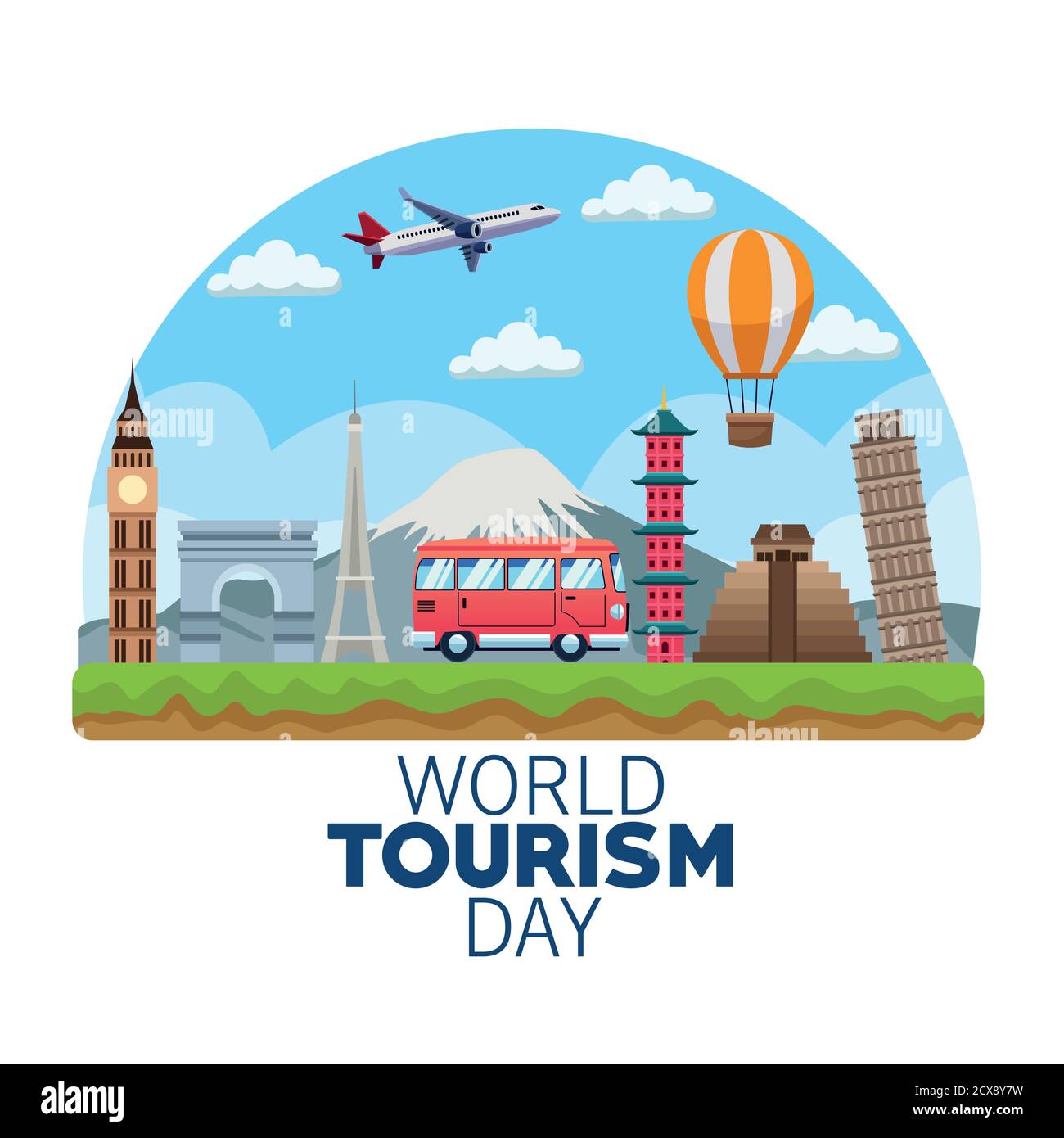world tourism day lettering celebration with van and monuments vector ...