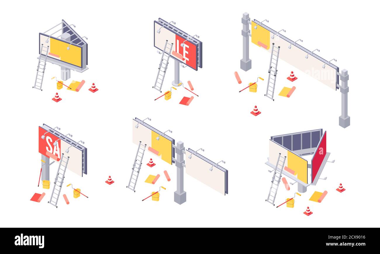 Billboard installation isometric vector illustration - process of ...