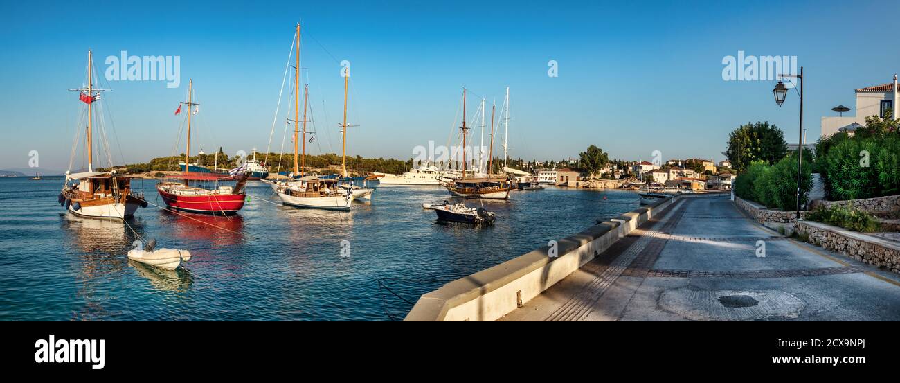 Panoramic view of sailboats at the old port of Spetses,. Greece Stock ...
