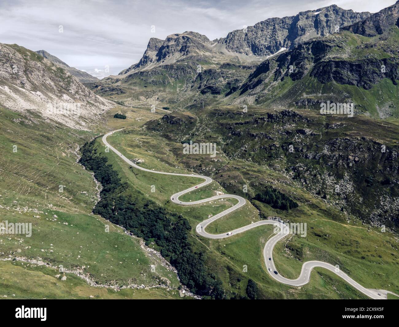 Drone photo of winding roads on Julierpass in Switzerland Stock Photo ...