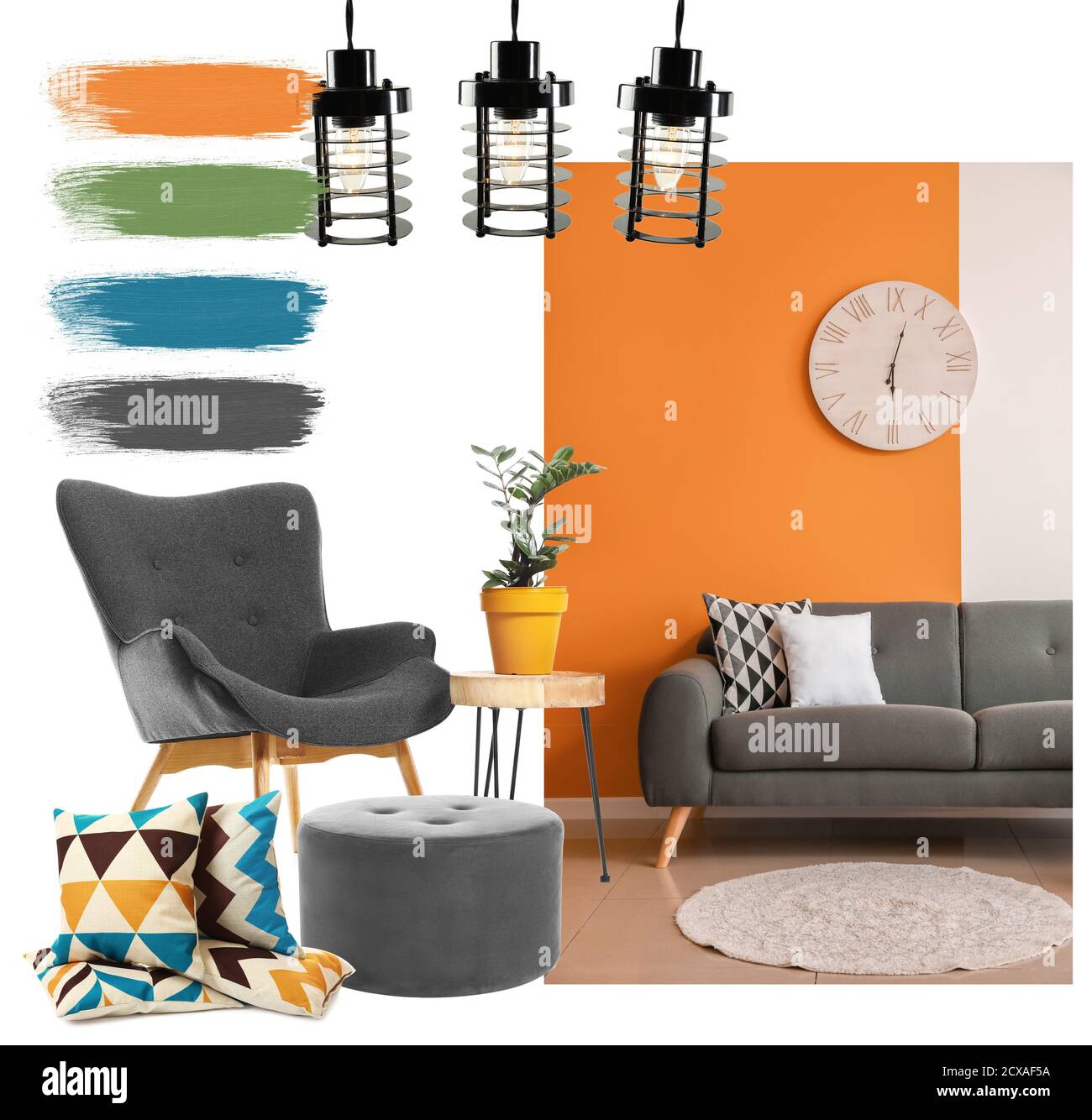 Composition with different elements of living room on white background ...