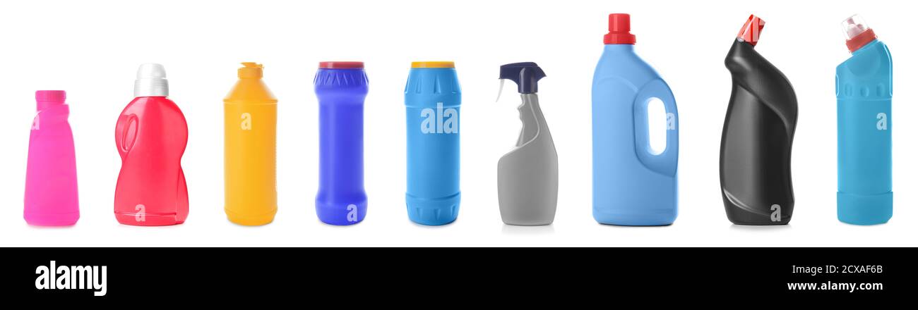Different bottles of detergents on white background Stock Photo - Alamy
