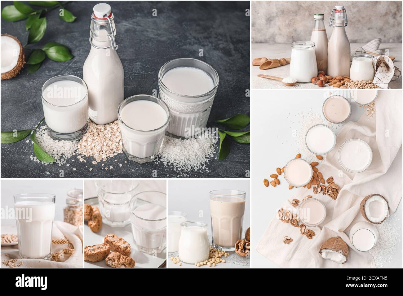 Collage of photos with different milk Stock Photo - Alamy