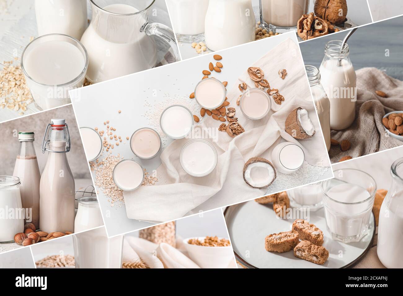 Collage of photos with different milk Stock Photo - Alamy