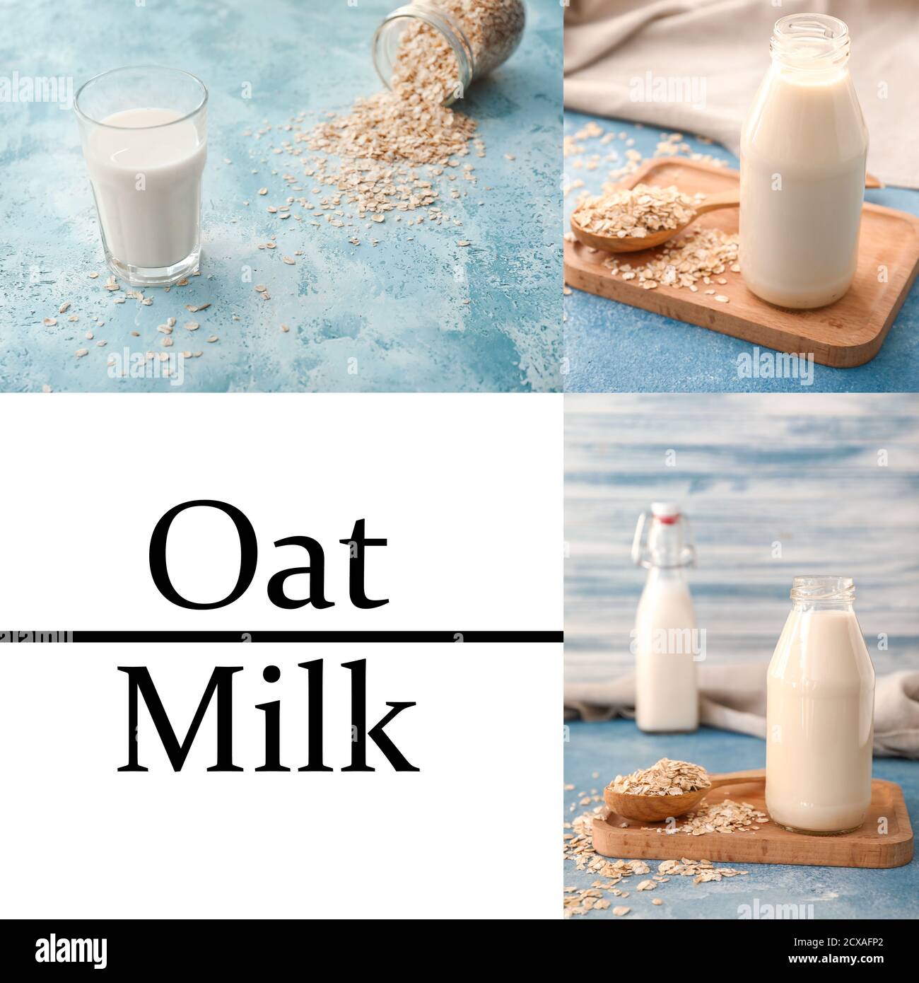 Collage of photos with tasty oat milk Stock Photo - Alamy