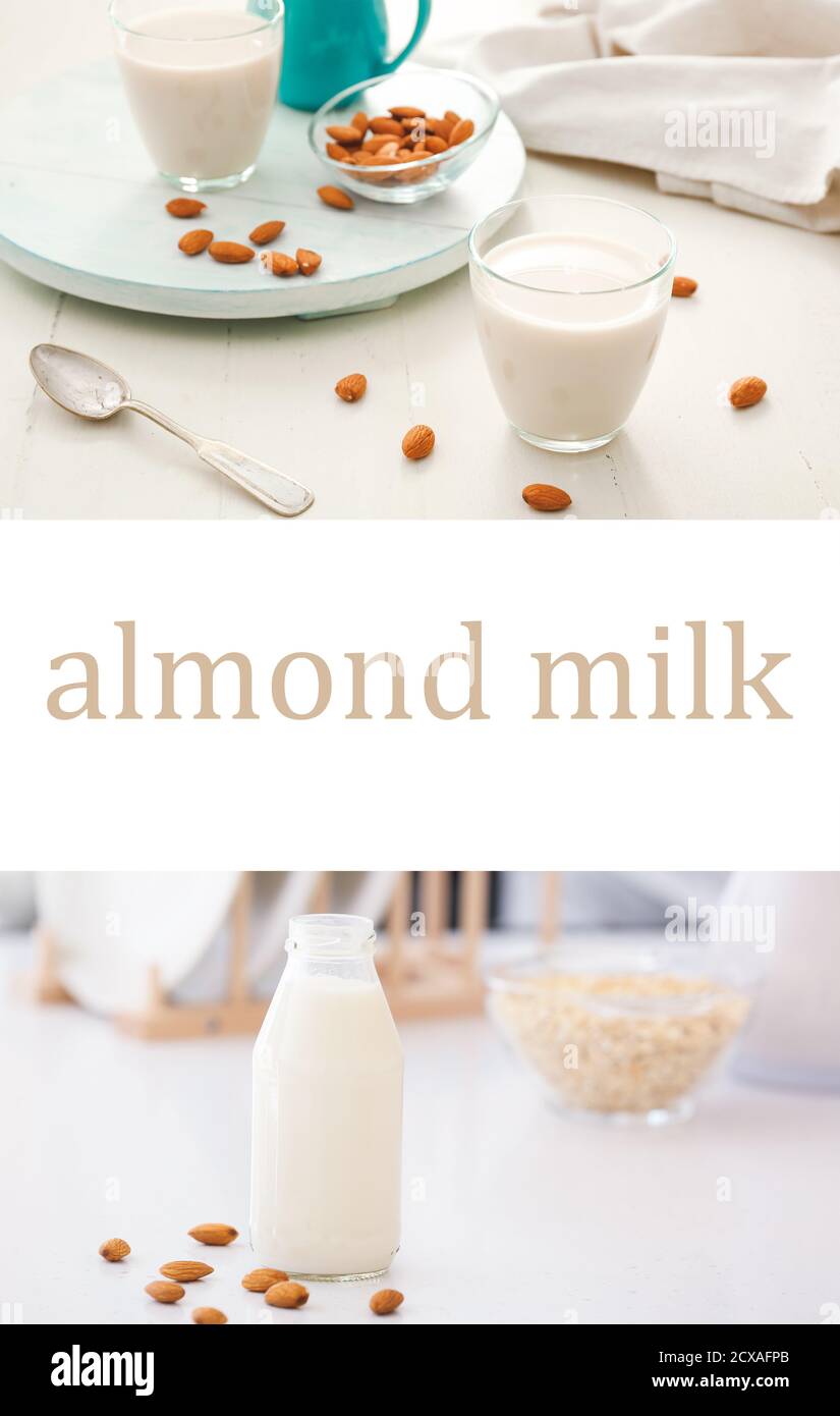 Collage of photos with tasty almond milk Stock Photo - Alamy