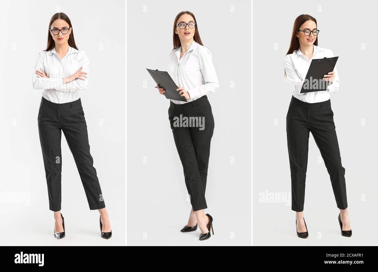 Set of beautiful young secretary on grey background Stock Photo - Alamy