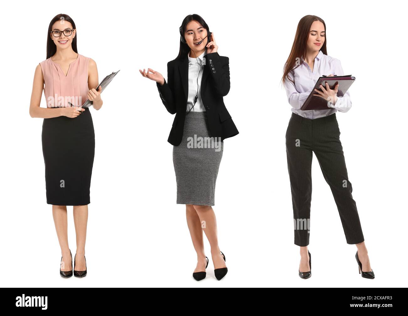 Set of beautiful young secretaries on white background Stock Photo - Alamy