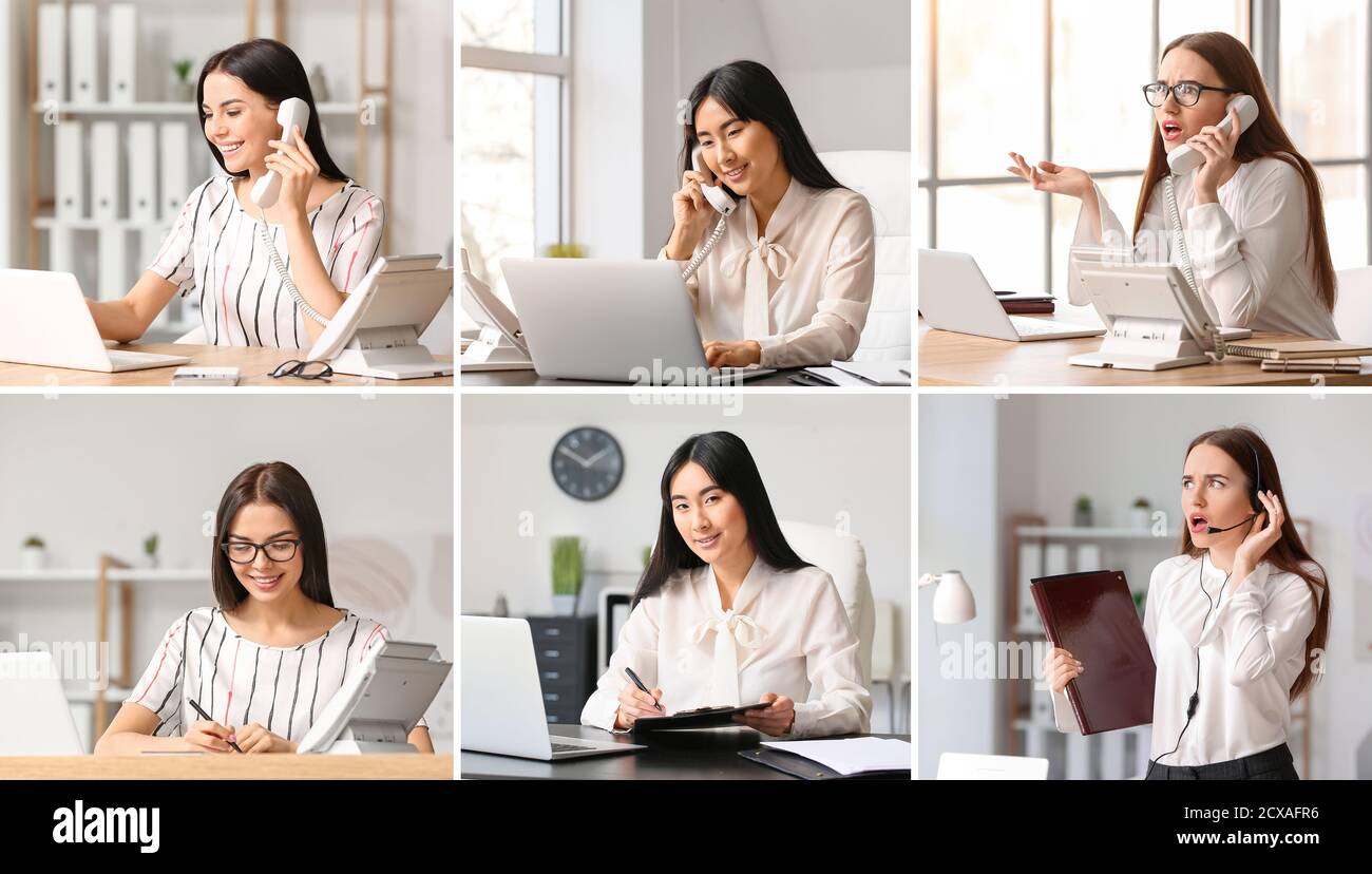 Collage of photos with beautiful young secretaries working in office ...