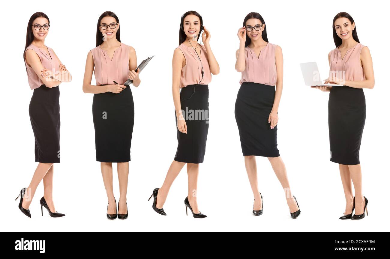 Set of beautiful young secretary on white background Stock Photo - Alamy