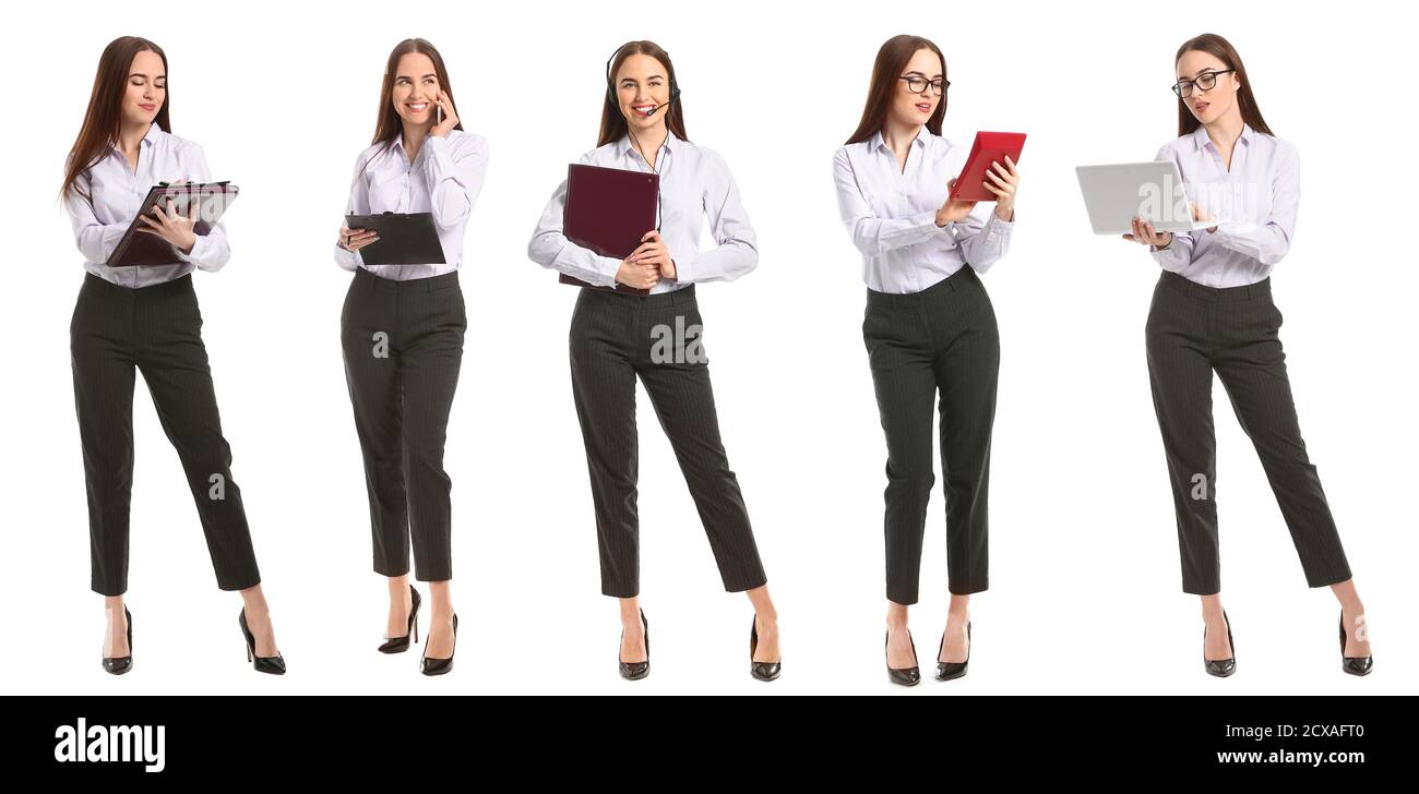 Set of beautiful young secretary on white background Stock Photo - Alamy